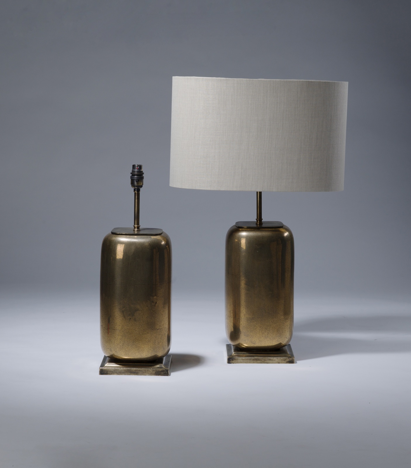 Pair Of Medium Gold Brown Shagreen Ceramic Lamps On Distressed Brass ...