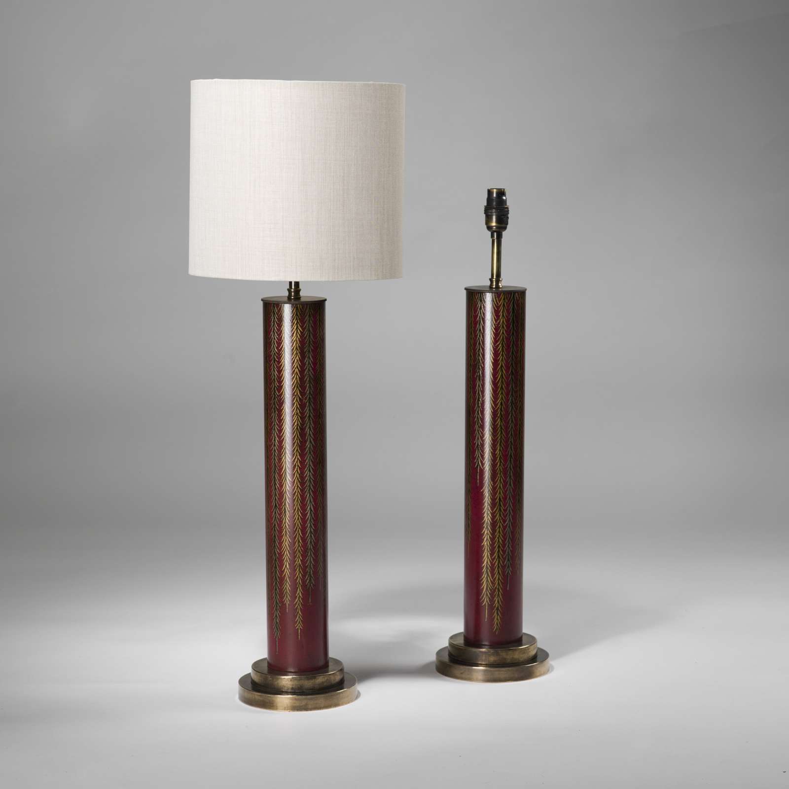 Pair Of Medium Metal Red Hand Painted 'pine' Column Lamps On Brass ...