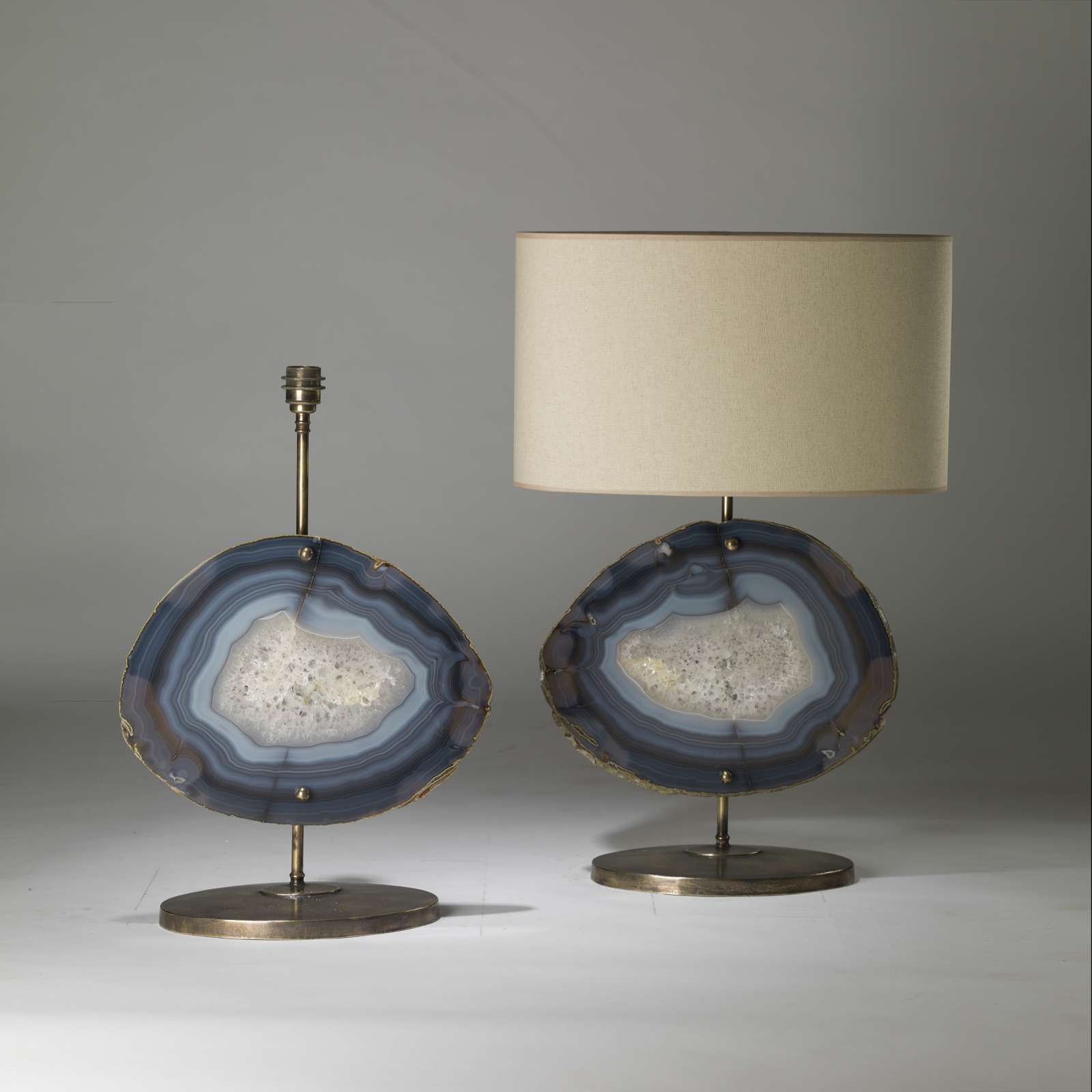 Pair Of Large Blue Grey Agate Lamps On Oval Distressed Brass Bases ...
