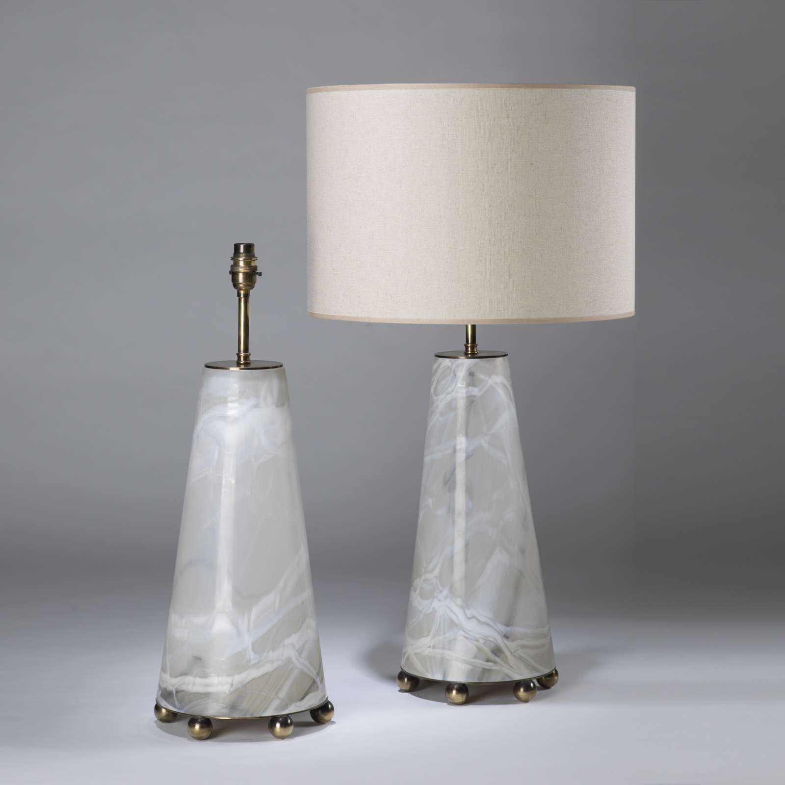 Pair Of Large Alabaster Effect Glass Cone Lamps On Round Antique Brass ...