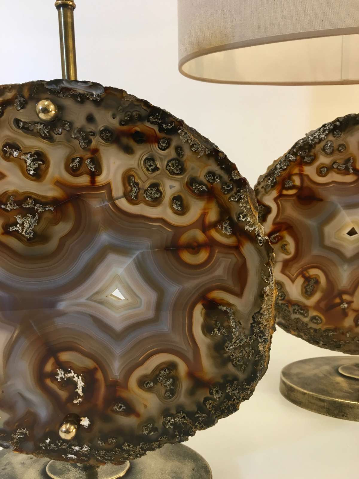 Pair Of Large Brown Agate Lamps On Oval Antiqued Brass Bases (T4485 ...