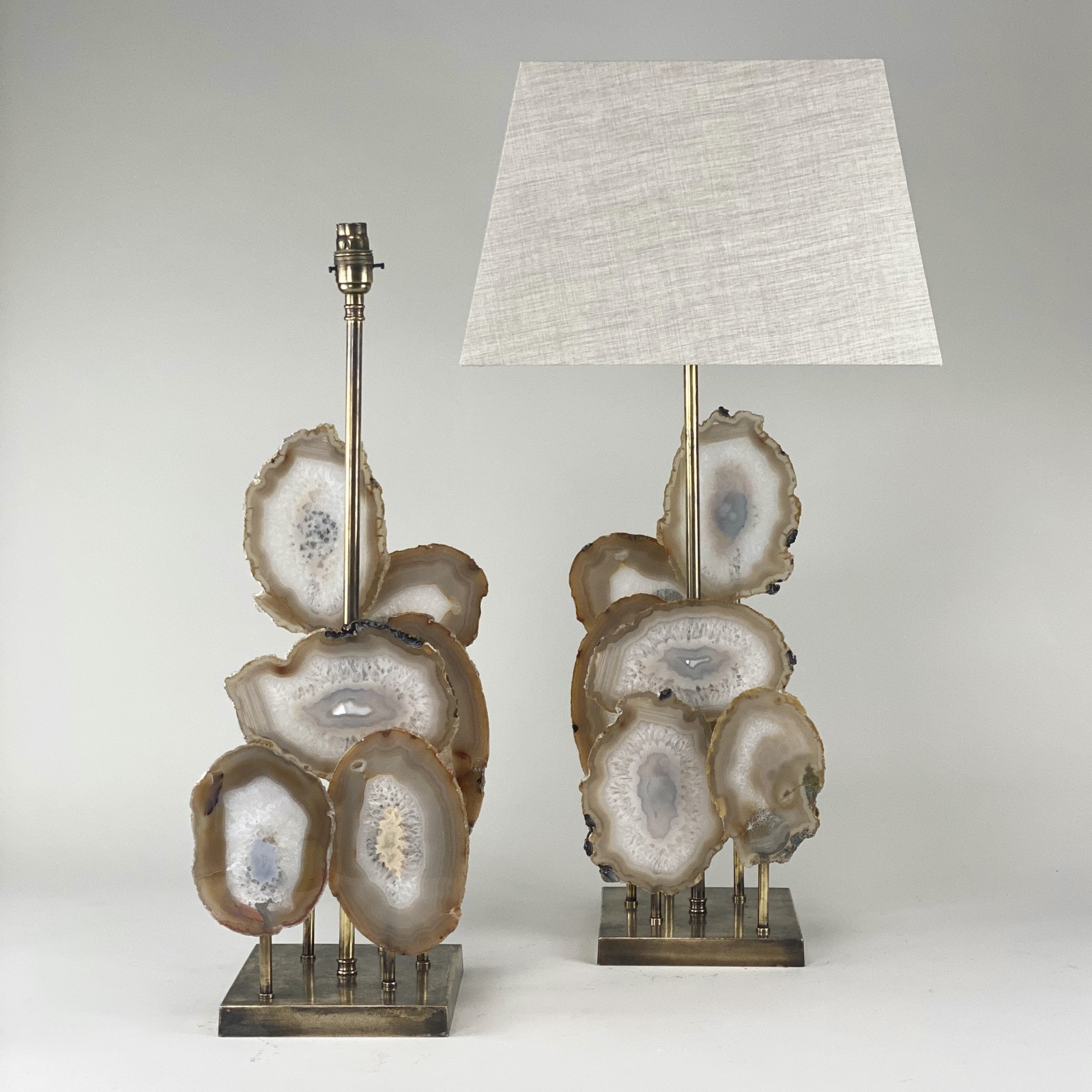 Pair Of Large Staggered Brown Agate Lamps With Square Antique Brass ...