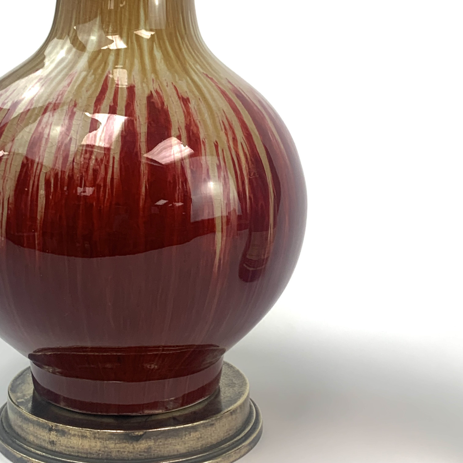Pair Of Ceramic Small Red and yellow Lamps On Antique Brass Bases ...