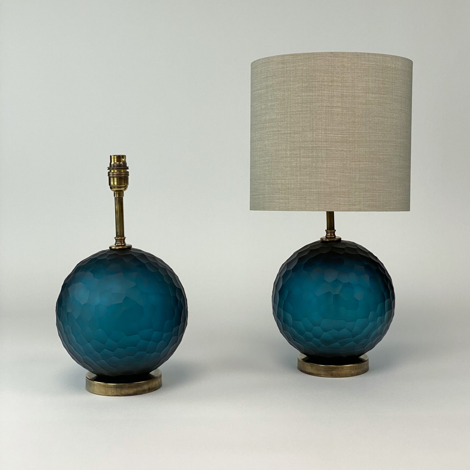 Pair of Small Blue Round Snowball Glass Table Lamps on Antique Brass ...