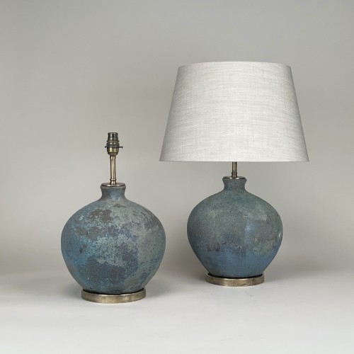 Pair Of Small Round Textured Blue Lamps With Antique Brass Bases (T5425 ...